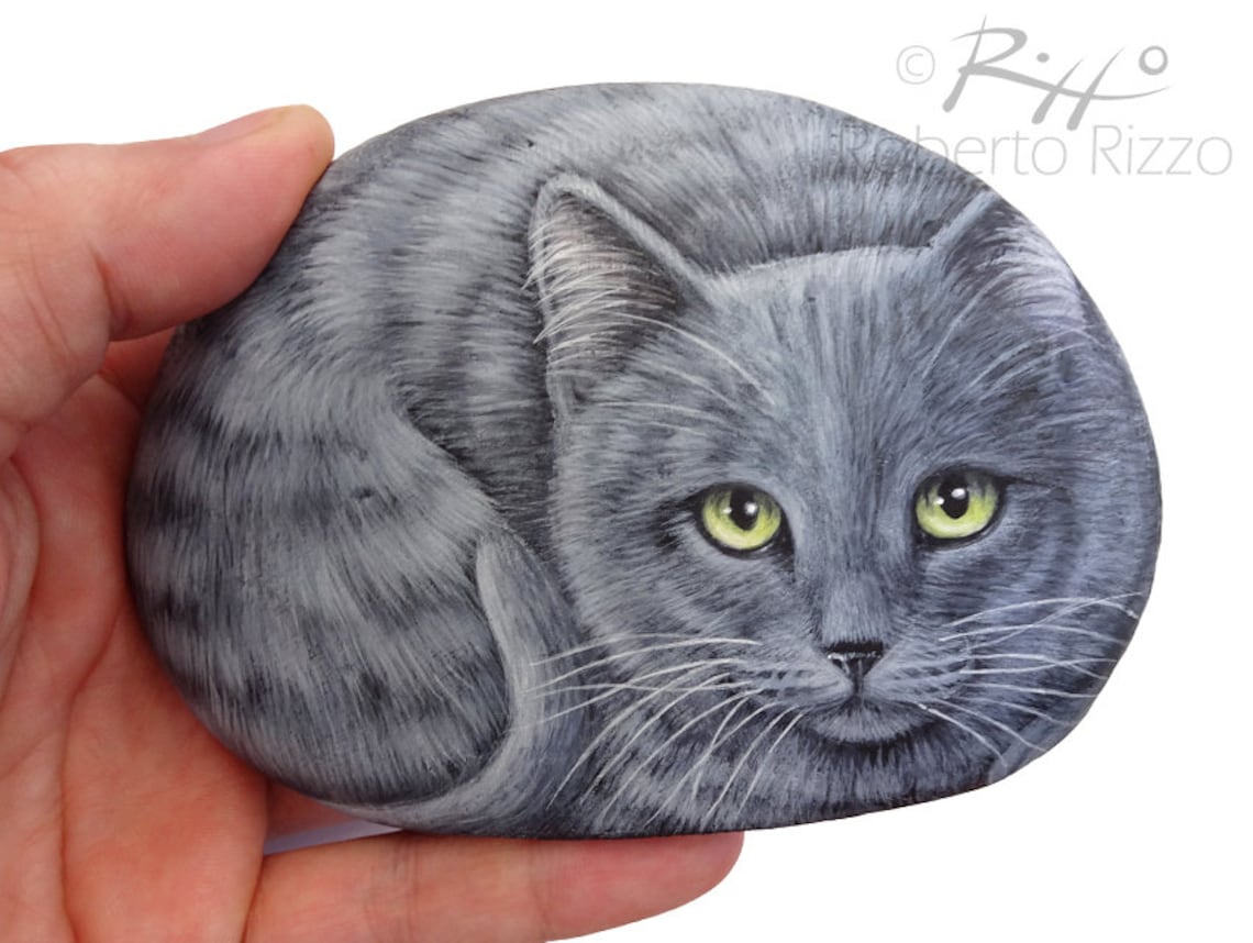 Stunning Rock Painted Russian Blue Cat on a Sea Rock! Painted Rocks ...