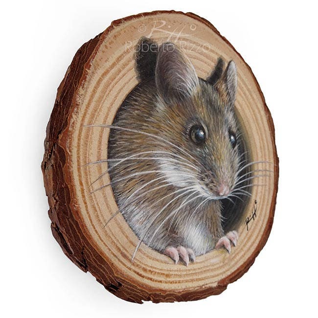 Een lieve muis die uit zijn hol komt, een uniek schilderij van een ...