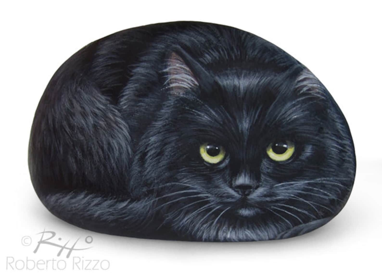 Irresistible Black Cat Painted on A Sea Stone | Rock Art by Roberto ...