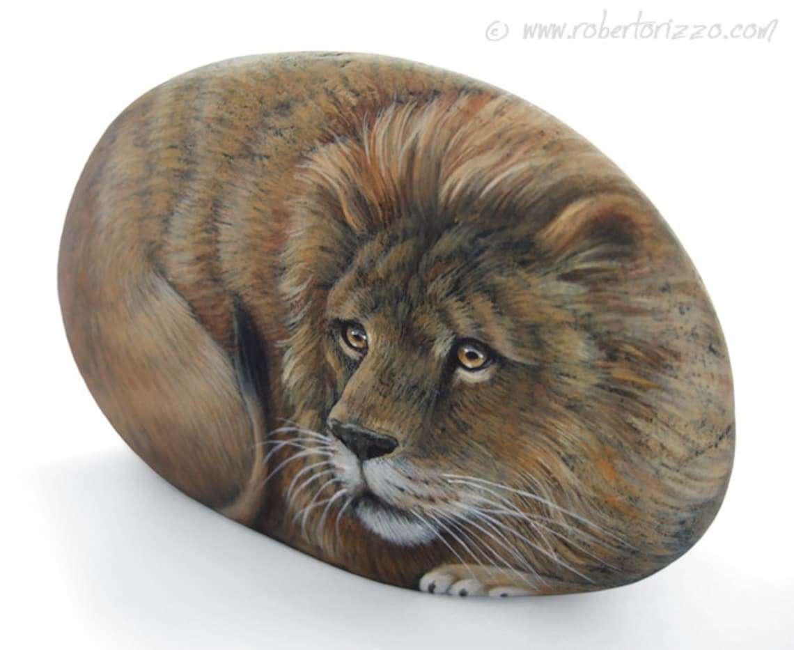 Hand Painted Stone Lion | Wildlife Rock Art by Roberto Rizzo | A Unique ...