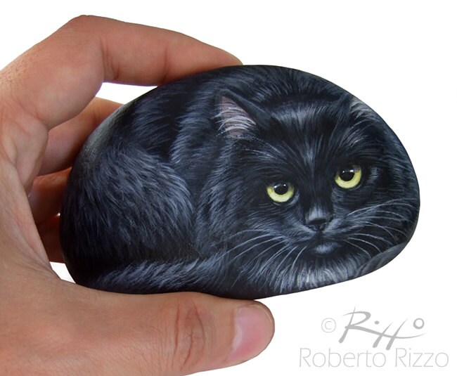 Irresistible Black Cat Painted on A Sea Stone | Rock Art by Roberto ...