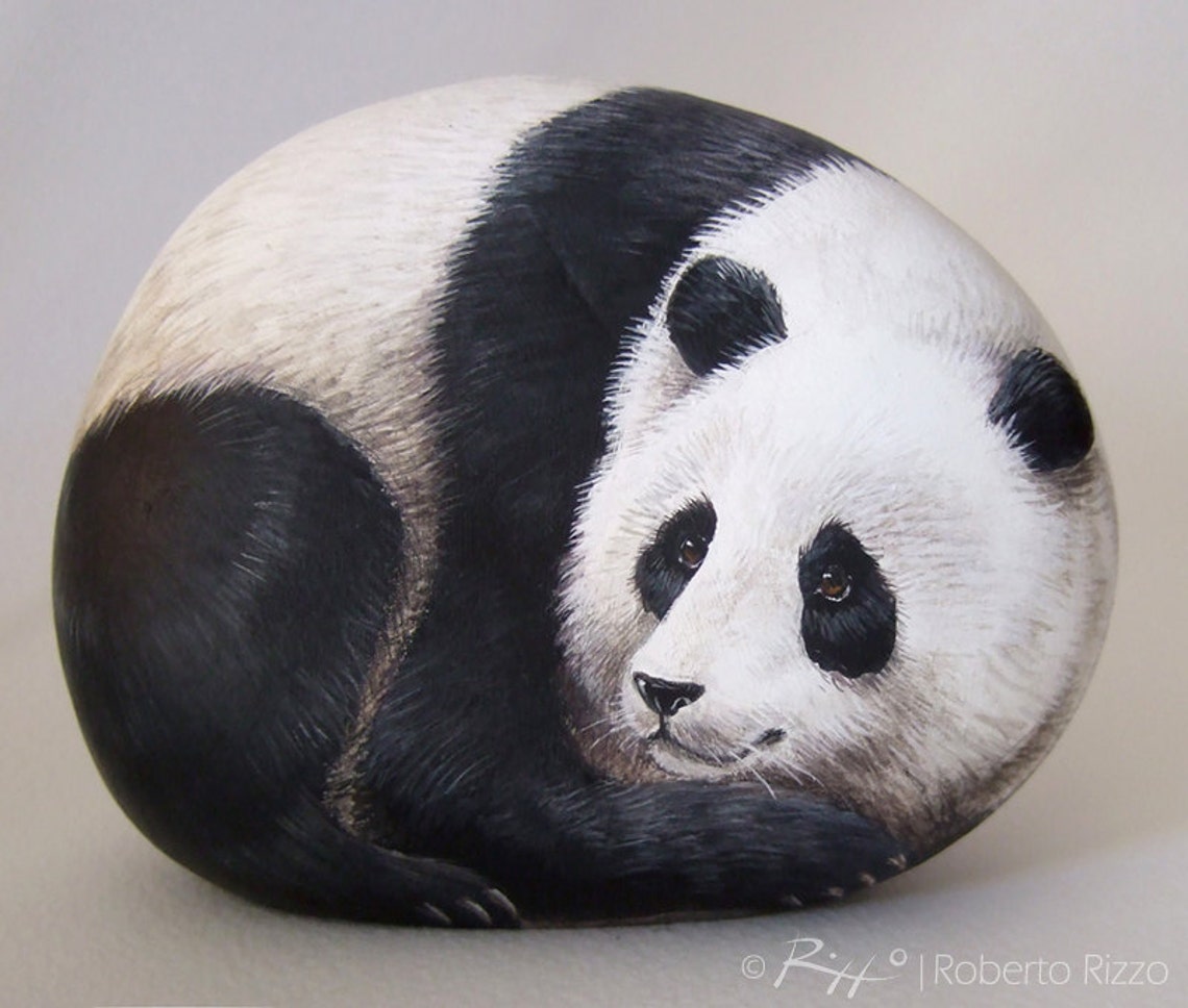 Rock Painted Giant Panda Fine Detailed Hand Painted Stone the Art of ...