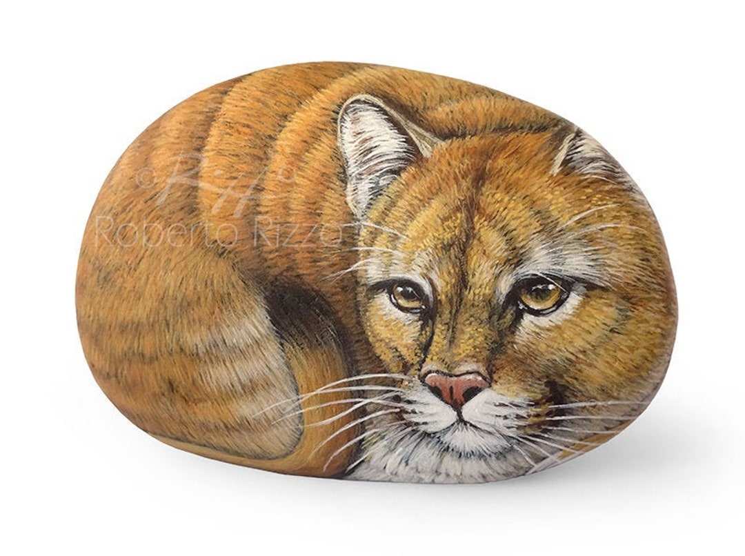 Beautiful Puma Hand Painted Rock | Mountain Lion Stone Art by Roberto ...