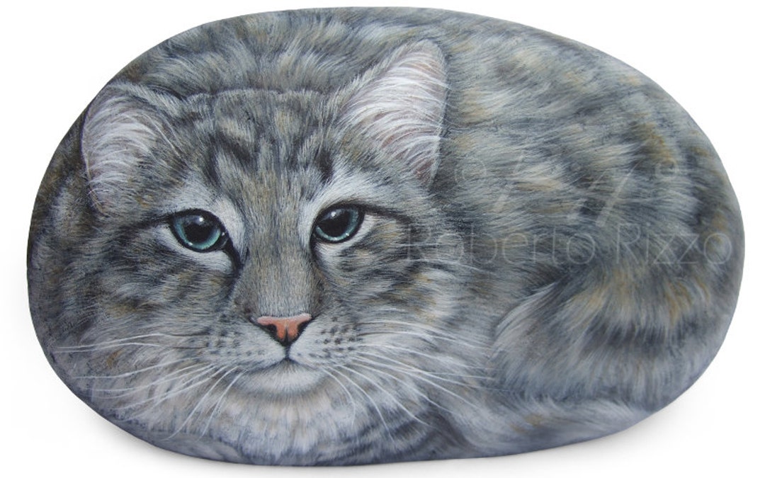 Custom Cat Portrait Hand Painted on a Natural Sea Stone | Fine Detailed ...