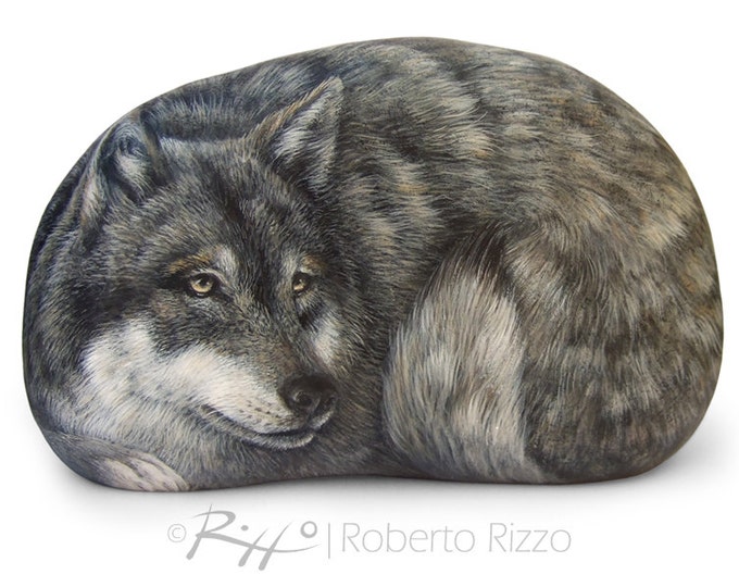 Wolf Hand Painted Stone | Rock Painting Art by the Artist Roberto Rizzo ...