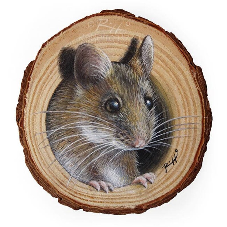 Een lieve muis die uit zijn hol komt, een uniek schilderij van een ...