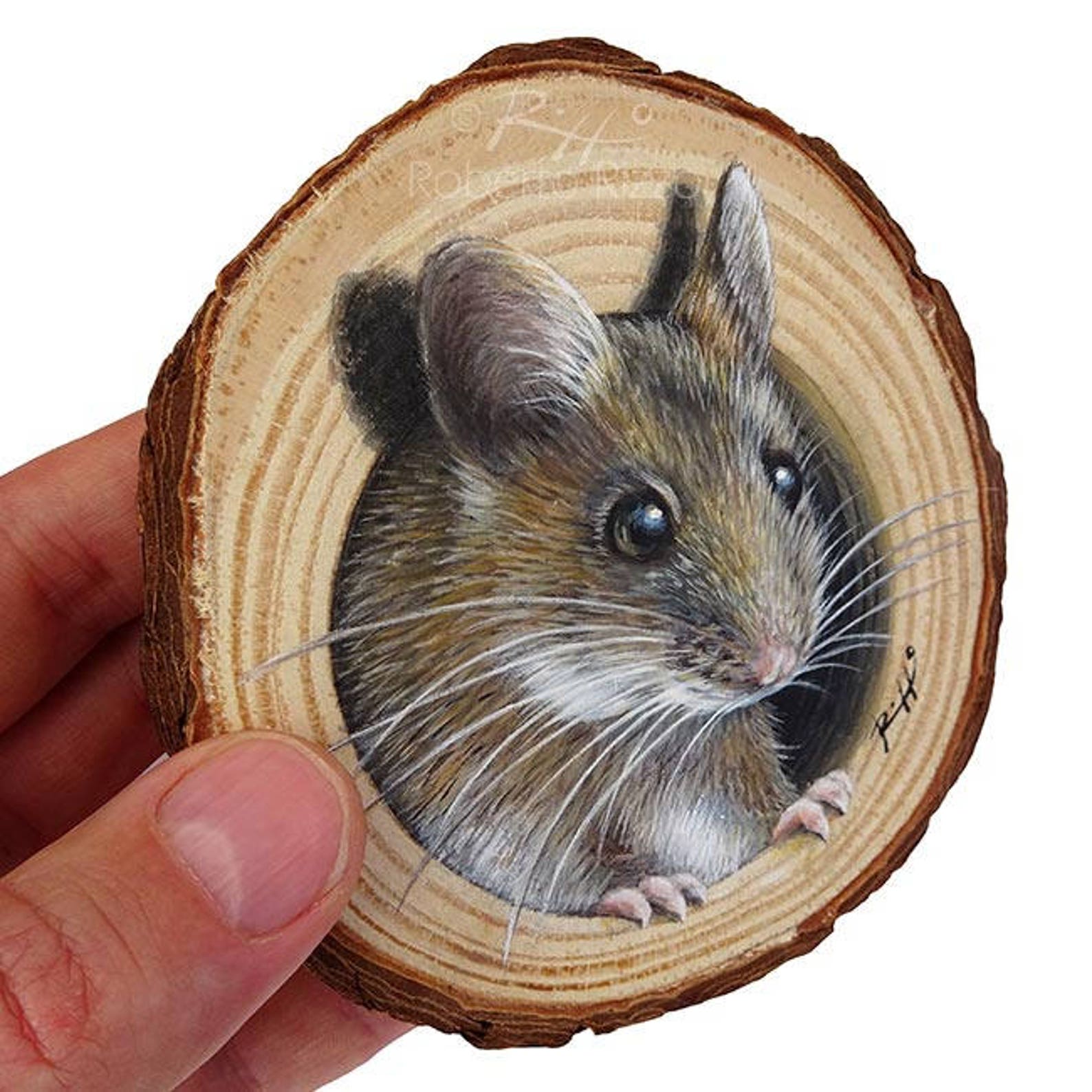 A Sweet Mouse Coming Out From Its Lair, a Unique Wood Slice Painting by ...