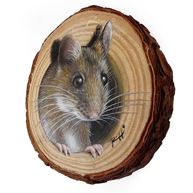 Een lieve muis die uit zijn hol komt, een uniek schilderij van een ...