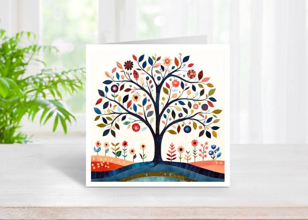 Folk Art Greeting Card, Diamante Art Card, Art Card, Tree Greeting Card ...