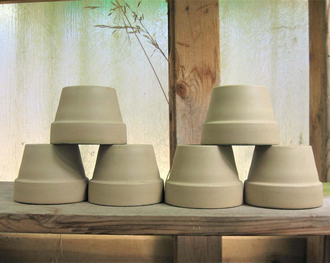 Six Gray Clay Planter Pots, Glazed Green Interior - Etsy