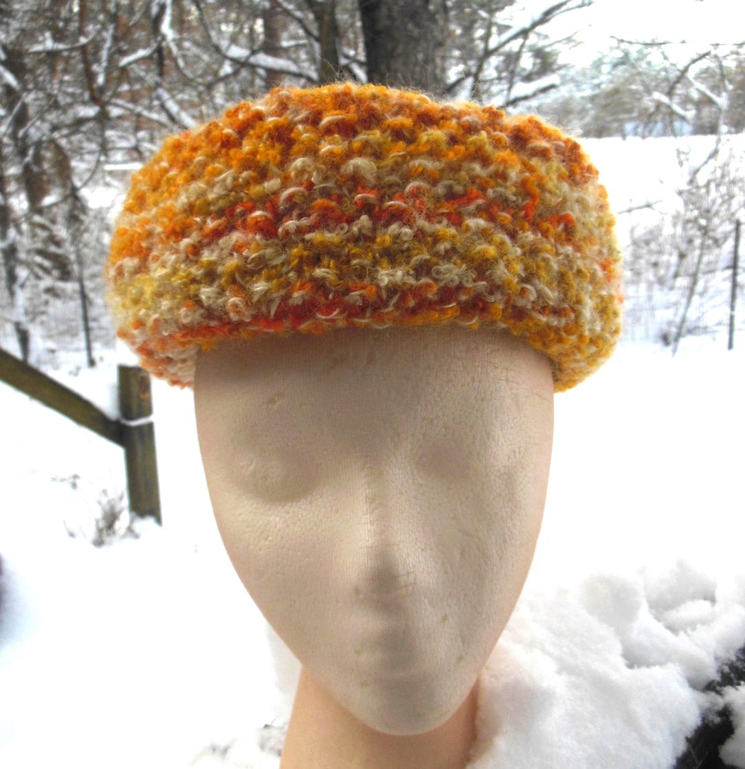 Hand Knit Pillbox Hat, Wool Boucle Orange/peach/tan Variegated - Etsy