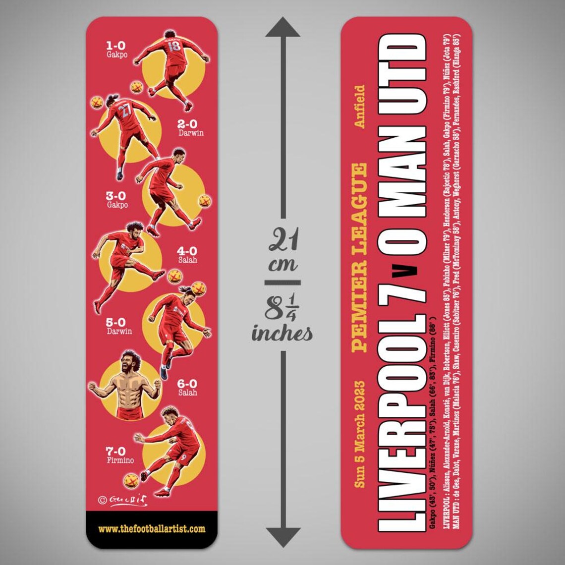 LIVERPOOL 7 MAN UTD 0, Illustrated Bookmark, Salah, Gakpo, Darwin ...