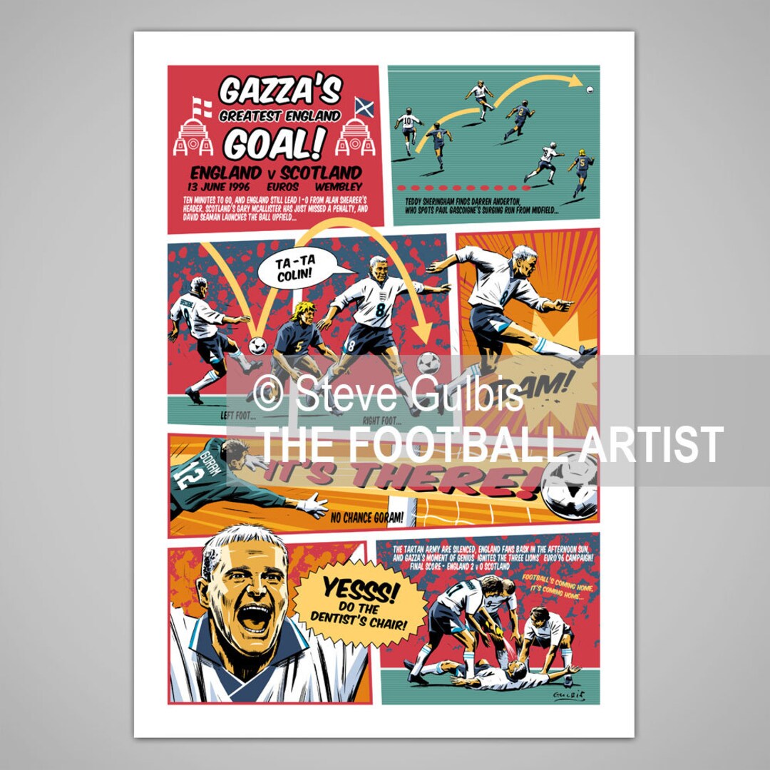 PAUL 'GAZZA' GASCOIGNE Euro '96 England Football Goal, Comic Book Style ...