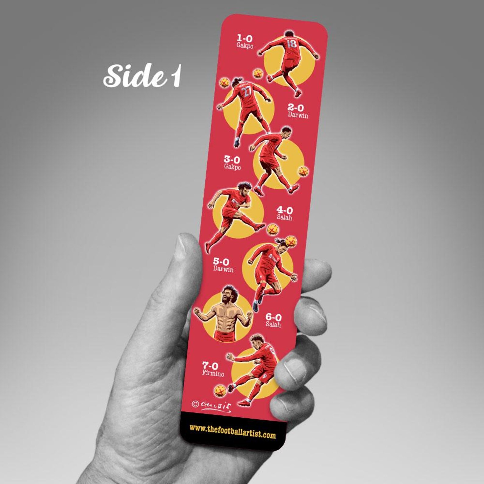 LIVERPOOL 7 MAN UTD 0, Illustrated Bookmark, Salah, Gakpo, Darwin ...