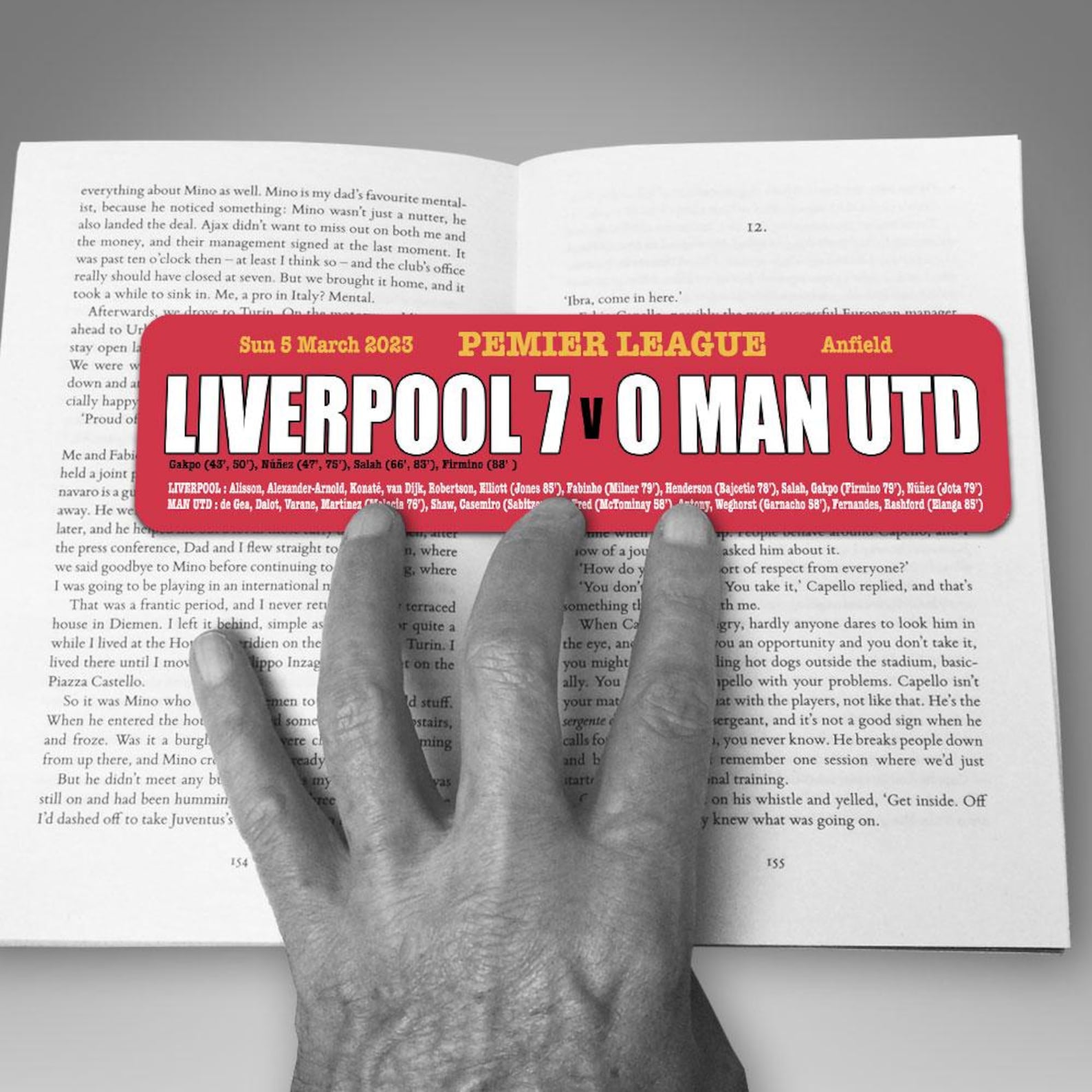 LIVERPOOL 7 MAN UTD 0, Illustrated Bookmark, Salah, Gakpo, Darwin ...
