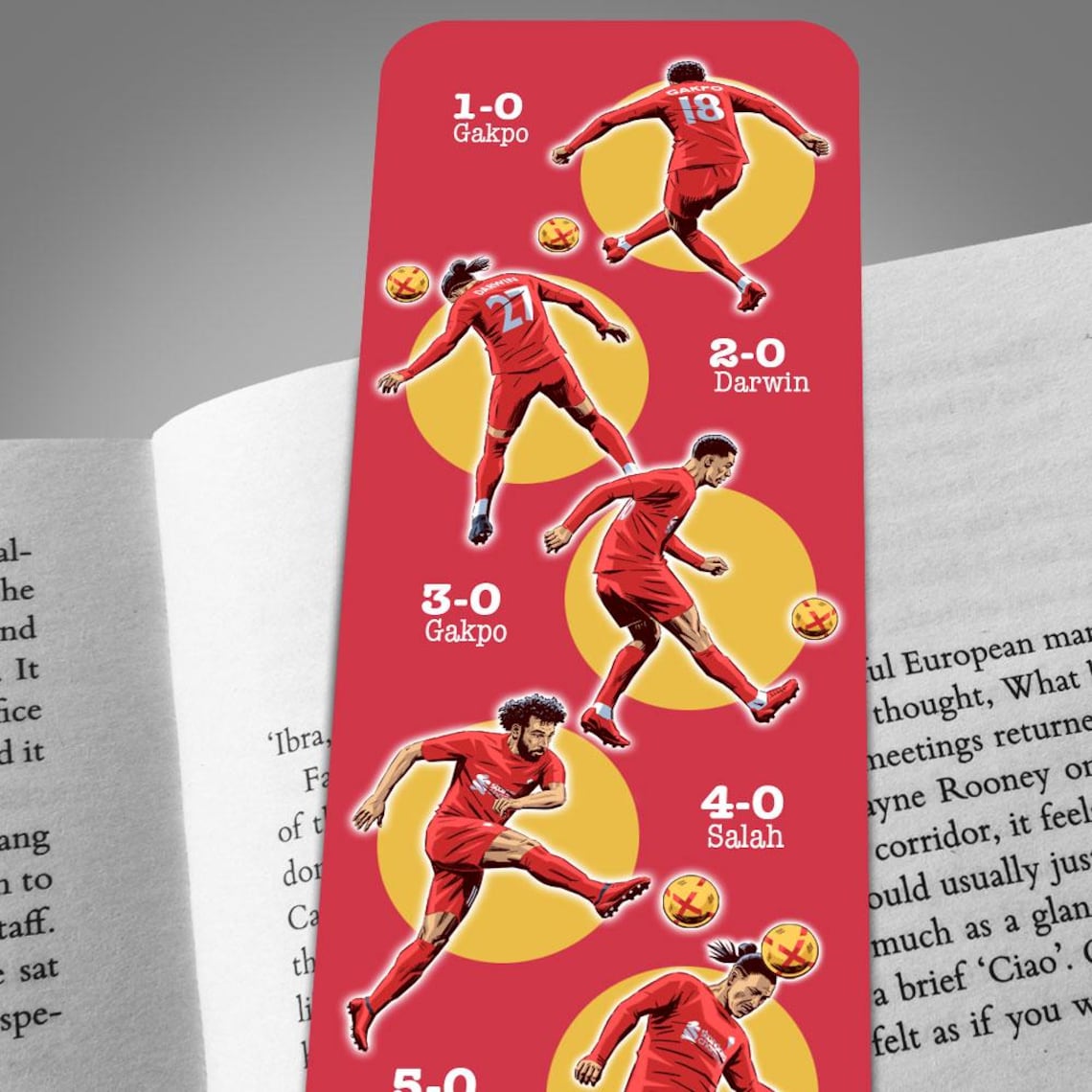 LIVERPOOL 7 MAN UTD 0, Illustrated Bookmark, Salah, Gakpo, Darwin ...