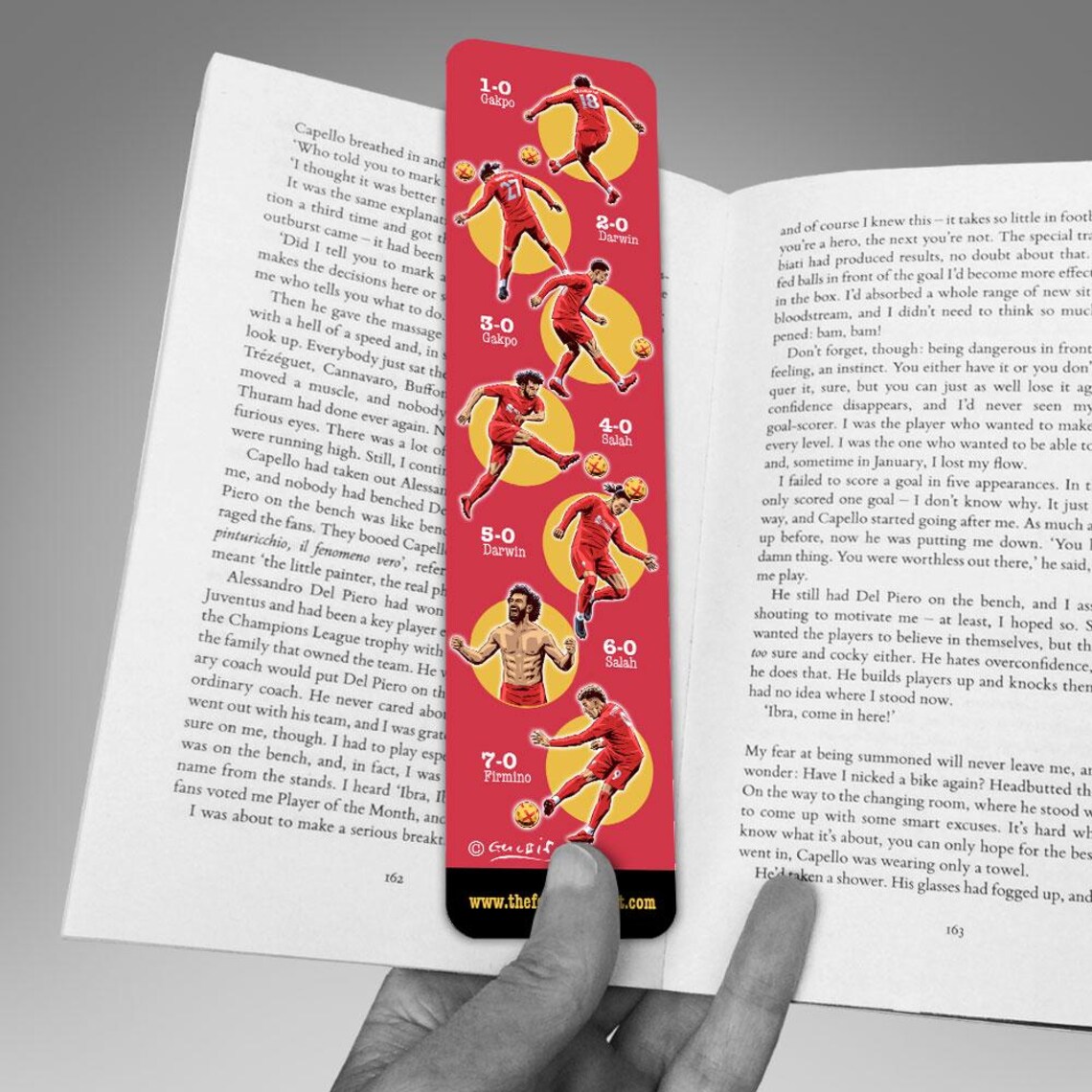 LIVERPOOL 7 MAN UTD 0, Illustrated Bookmark, Salah, Gakpo, Darwin ...