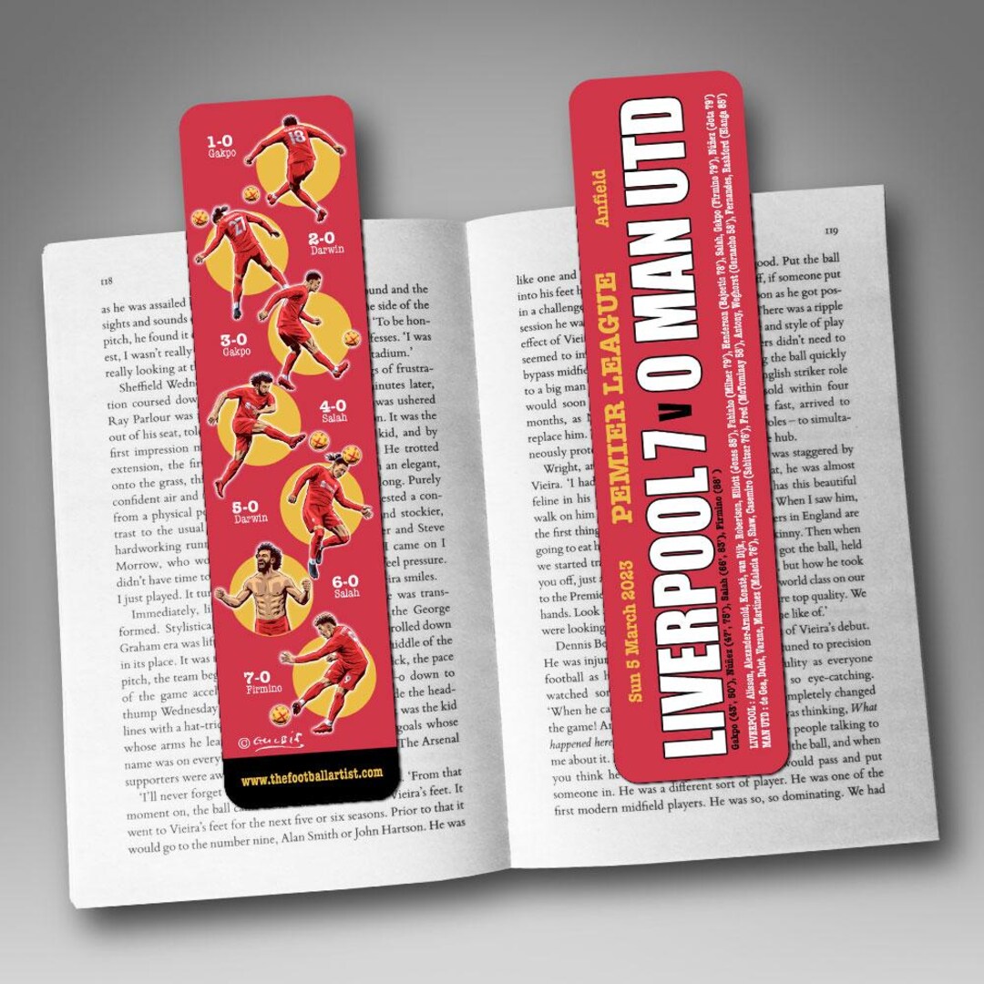 LIVERPOOL 7 MAN UTD 0, Illustrated Bookmark, Salah, Gakpo, Darwin ...