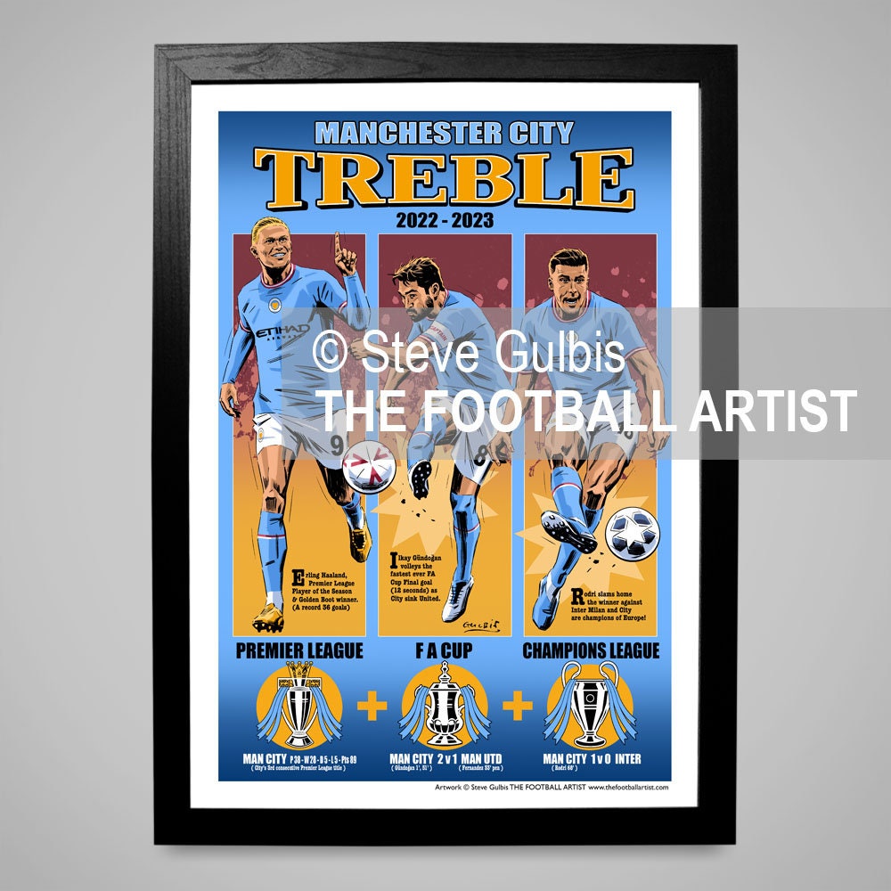 MANCHESTER FOOTBALL TREBLE 2023, League Champions, Giclee Art Print ...