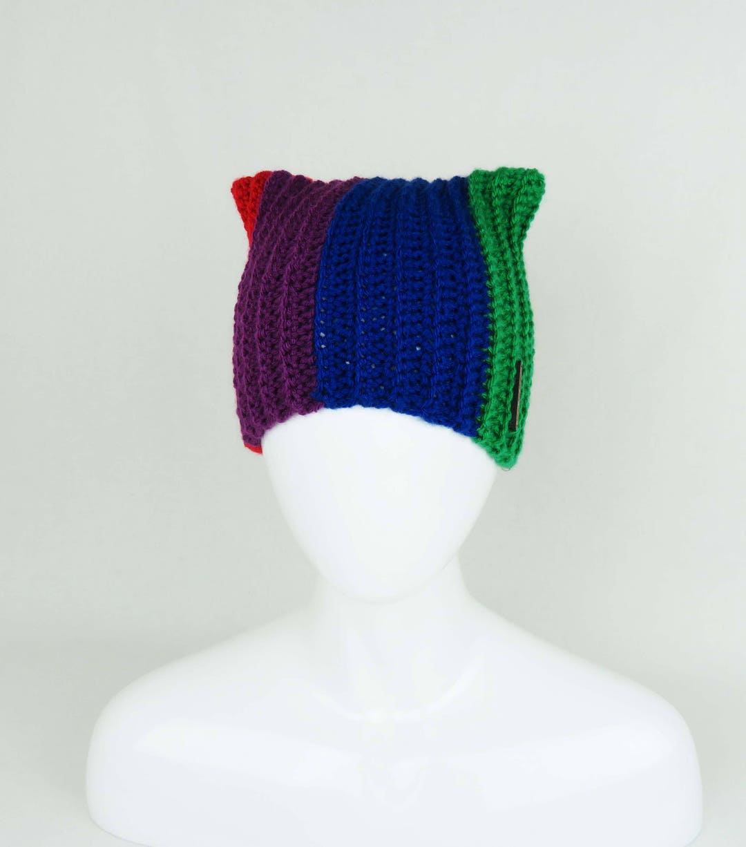 Rainbow Hat - Cat Ears Hat - Crochet Square Top Beanie, Kitty Hat ...