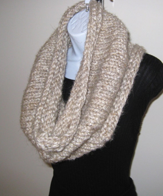 Beige Hand Knit Cowl Knitted Snood Hood Circle Scarf - Etsy