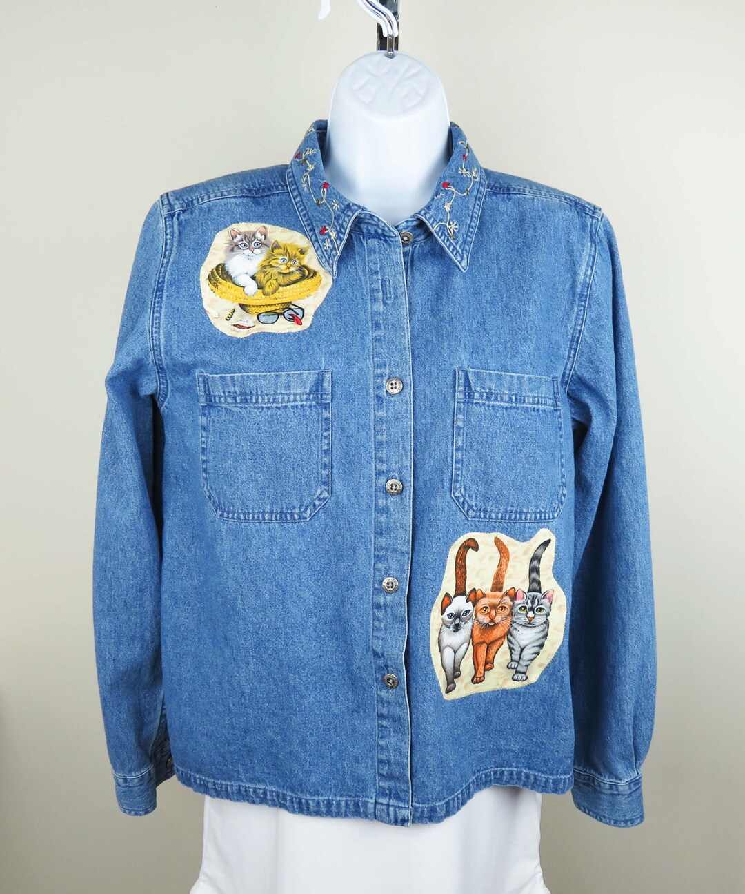 Cats Denim Jacket, Upcycled Denim Shirt With Embroidery and Cat ...