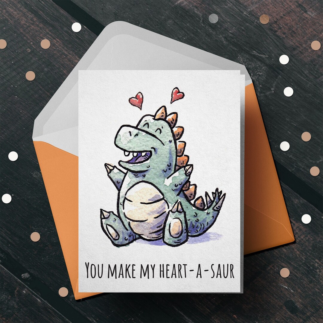Funny Dinosaur Greeting Card "make My Heart-a-saur" - Punny Card for ...