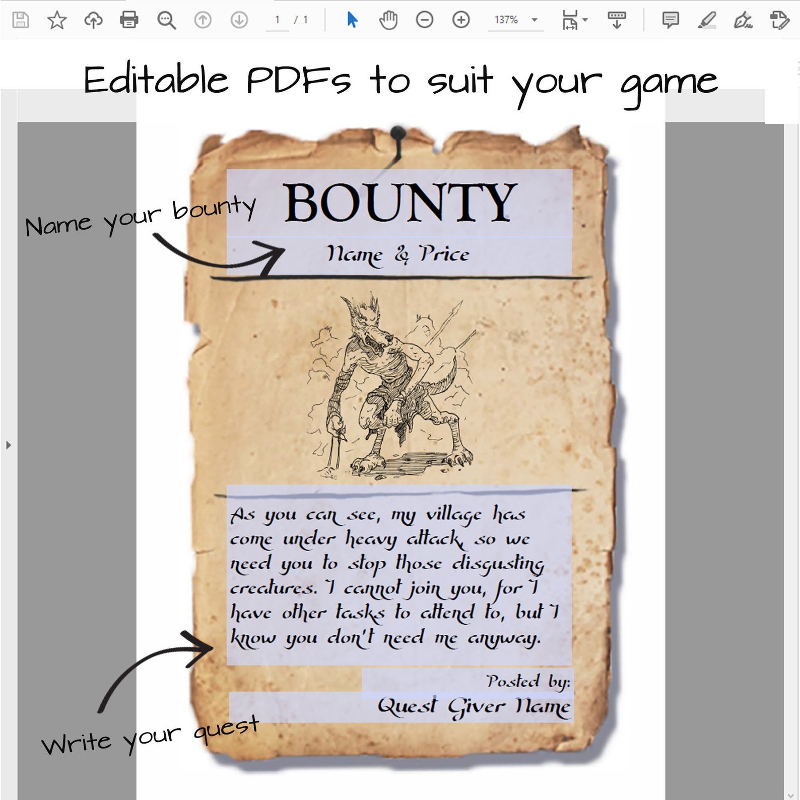 D&D Bounty Poster towns and Cities editable PDF Dungeons and Dragons ...