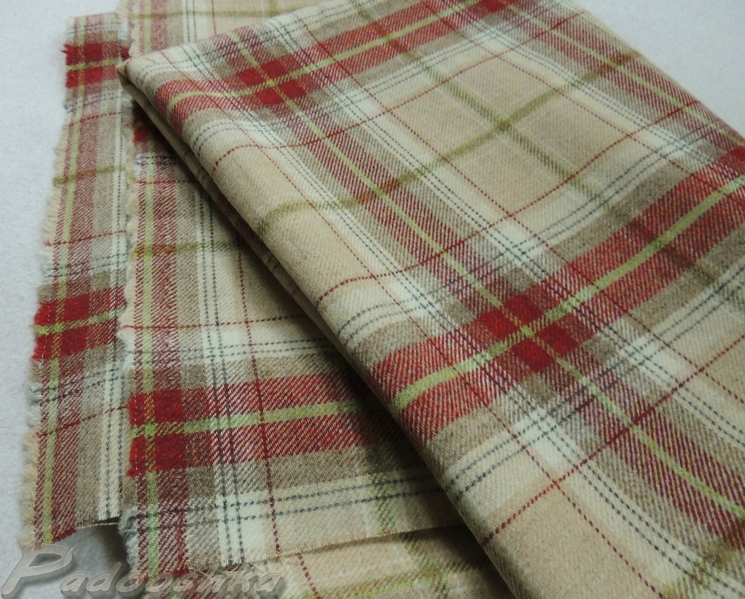 Scottish Plaid Fabric Remnant Red Beige Country Style Check Tartan Wool ...