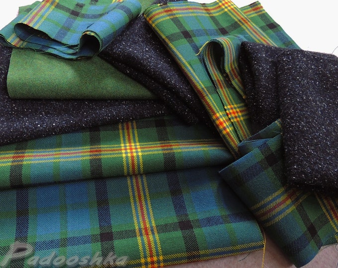 Green Blue Plaid Fabric Bundle Vintage Scottish Tartan Wool Patchwork ...