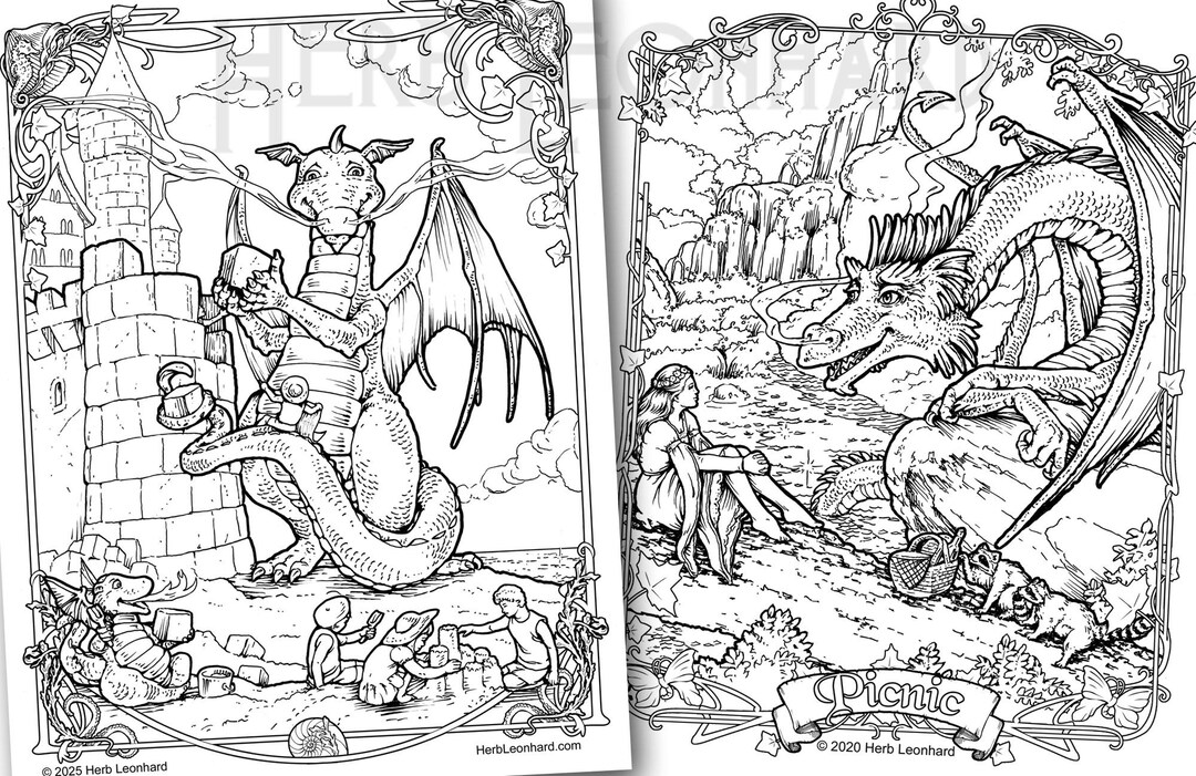 Fun in the Sun Dragon Pair, 2 Adult Coloring Pages, Digital Coloring ...
