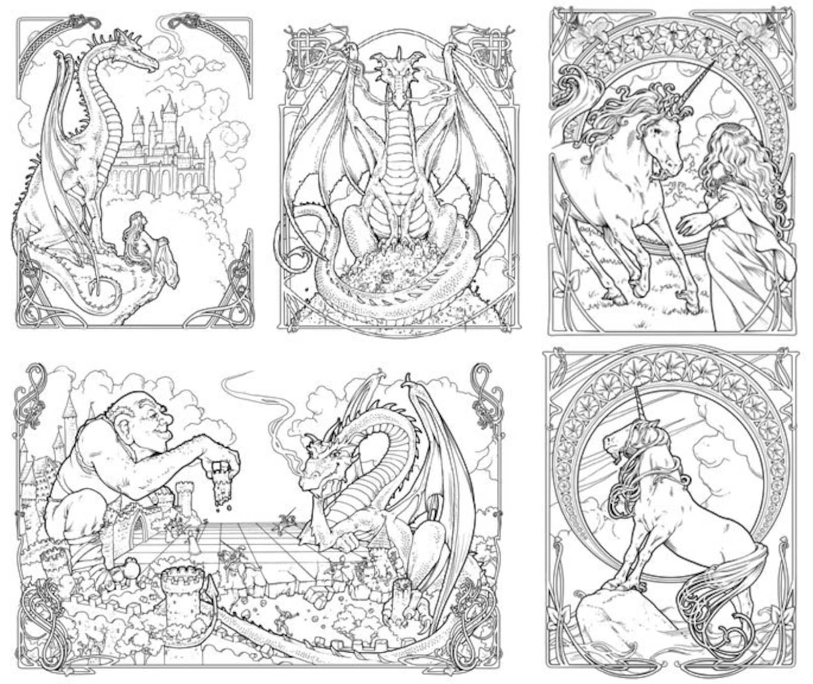 Fantasy Nouveau Dragon and Unicorn COLORING Book Adult - Etsy