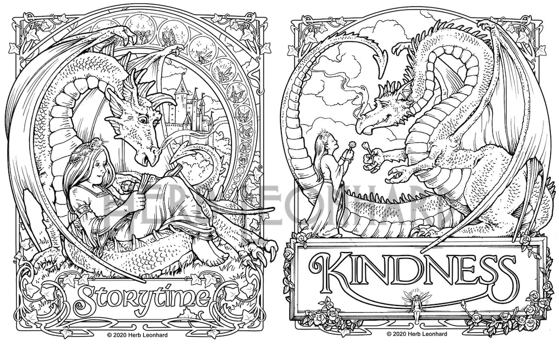 Dragon Storytime/kindness Coloring Page, Herb Leonhard-2 Adult Coloring ...