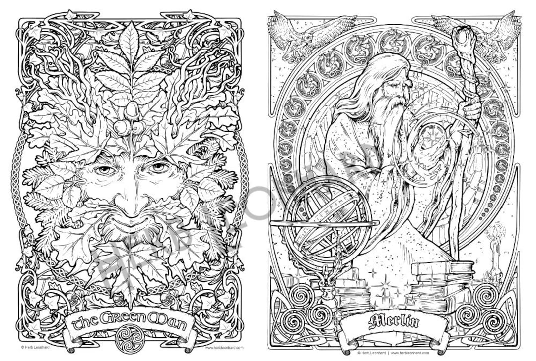 Green Man / Merlin, Herb Leonhard Adult Coloring Page, Legend Nouveau ...