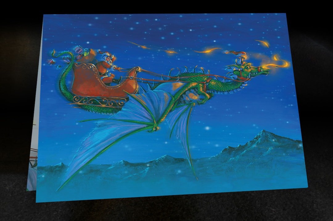 DRAGON CHRISTMAS CARD Dragon Sleigh Set of 6 Cards With Envelopes ...