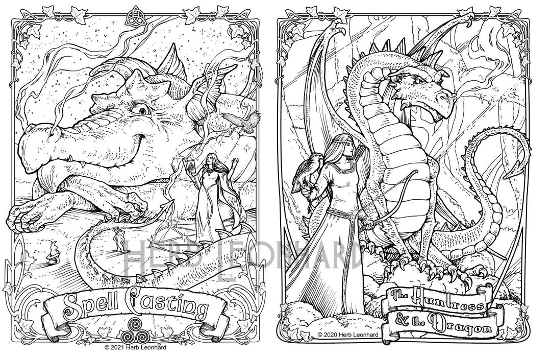 Dragon Coloring Pages, 2 Designs: Spell Casting/the Huntress & the ...