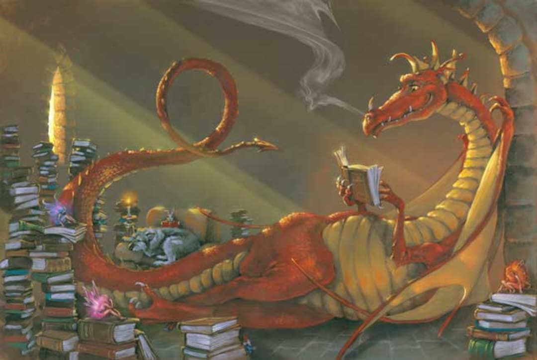 Reading Dragon, 8"x10" Fine Art PRINT, Dragon With Books, 8"x10", Gifts ...