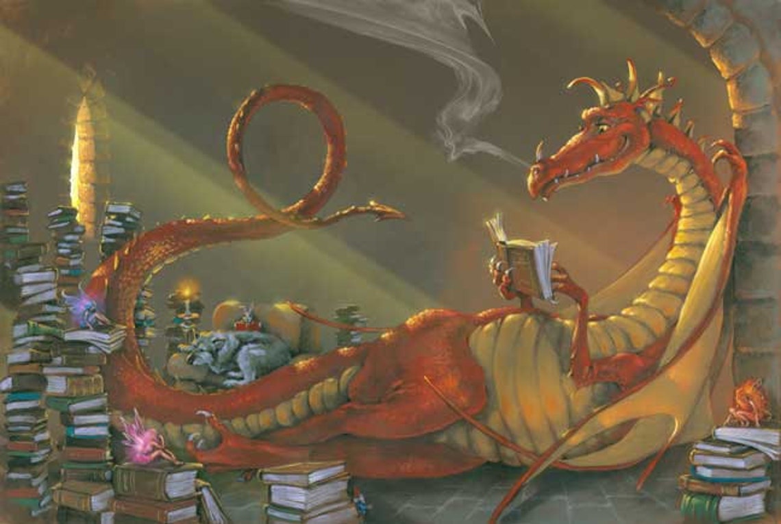 Reading Dragon 8x10 Fine Art PRINT Dragon With - Etsy
