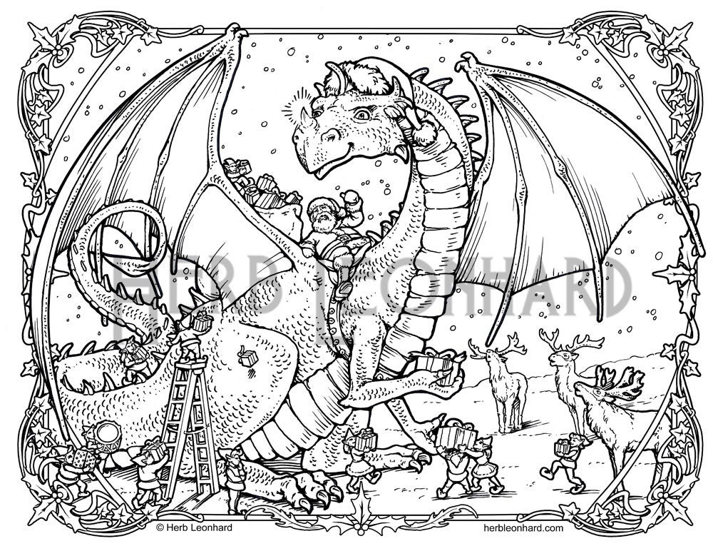 4 Holiday Dragon Coloring Pages Pack, Herb Leonhard, Adult Coloring ...