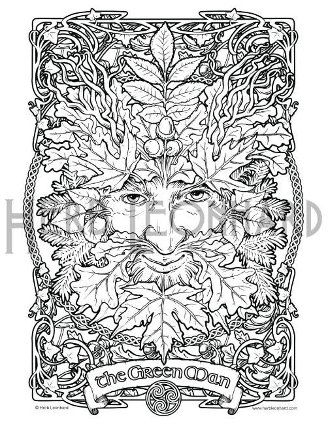 Green Man / Merlin, Herb Leonhard Adult Coloring Page, Legend Nouveau ...