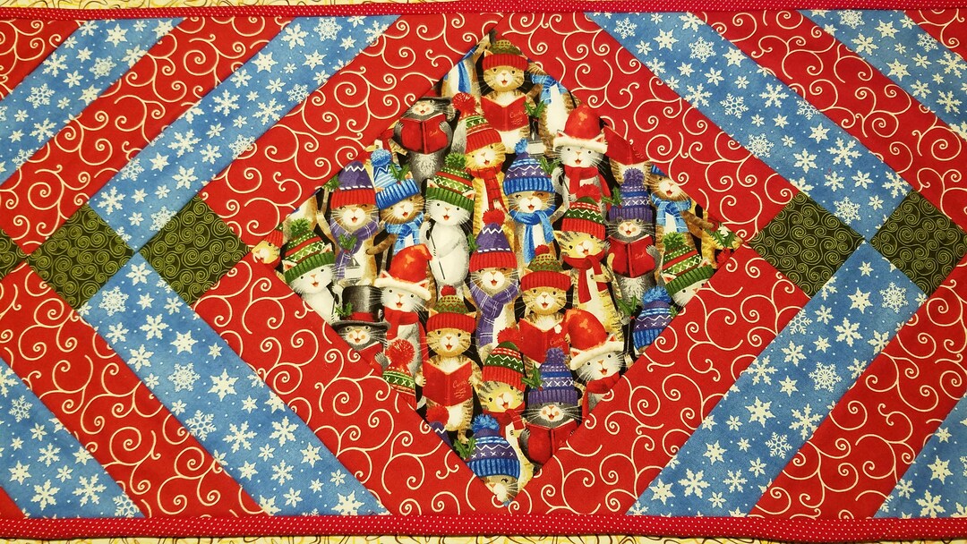 Quilted French Braid Table Runner With Christmas Cats Print - Etsy