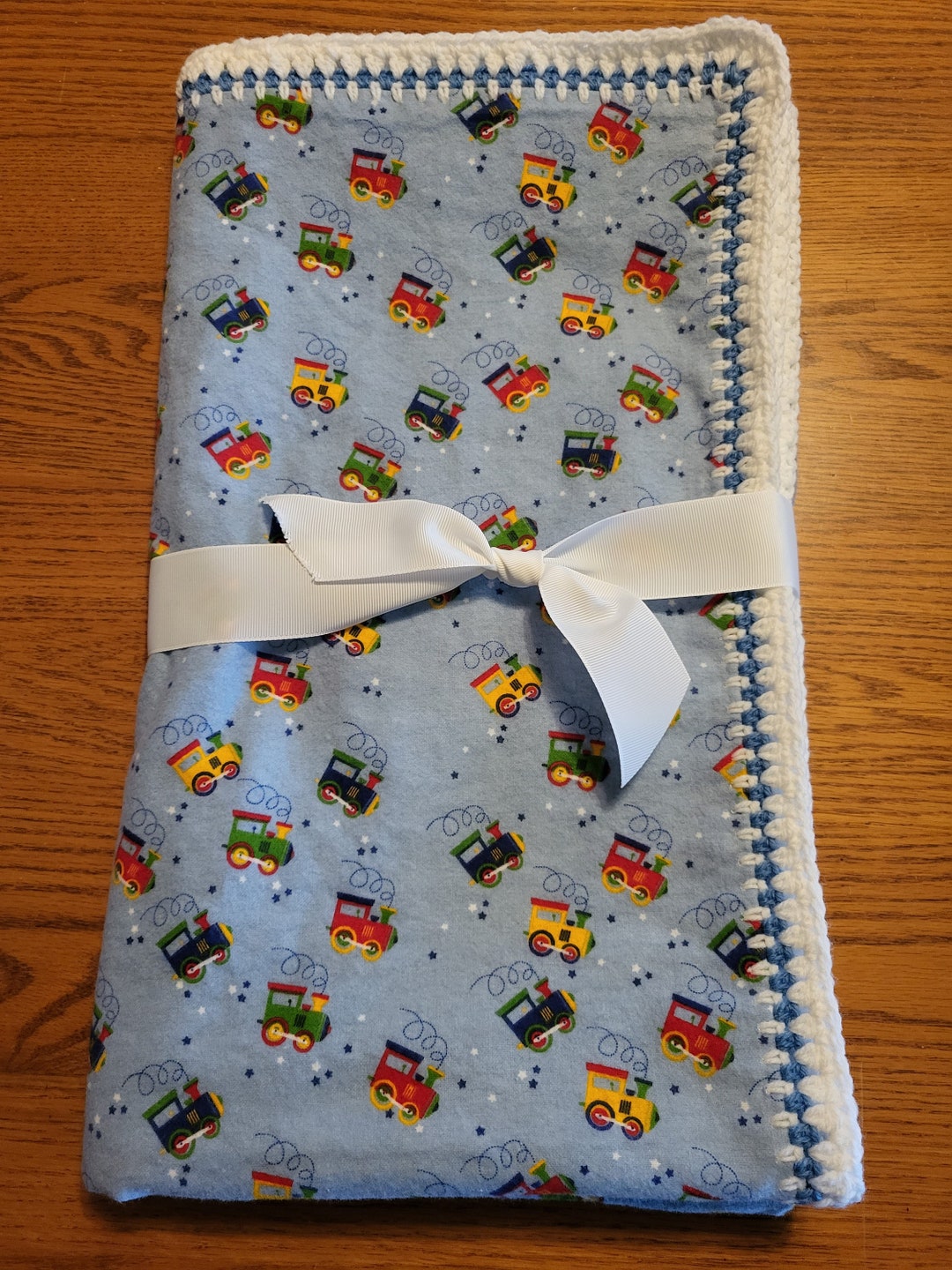 Flannel Baby Blanket With Train Engine Print & Crocheted Edges - Etsy