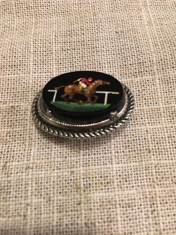 Rare Horse Racing Brooch, Hand Painted Horse and Joc… - Gem