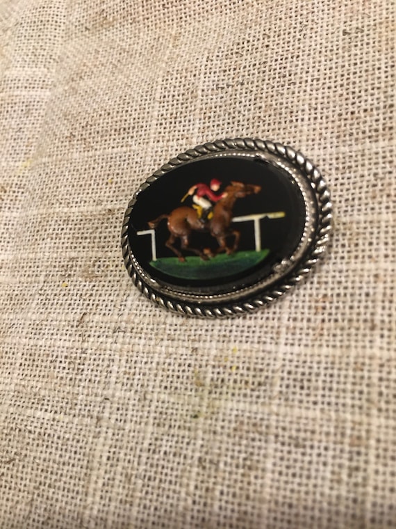 Rare Horse Racing Brooch, Hand Painted Horse and Joc… - Gem