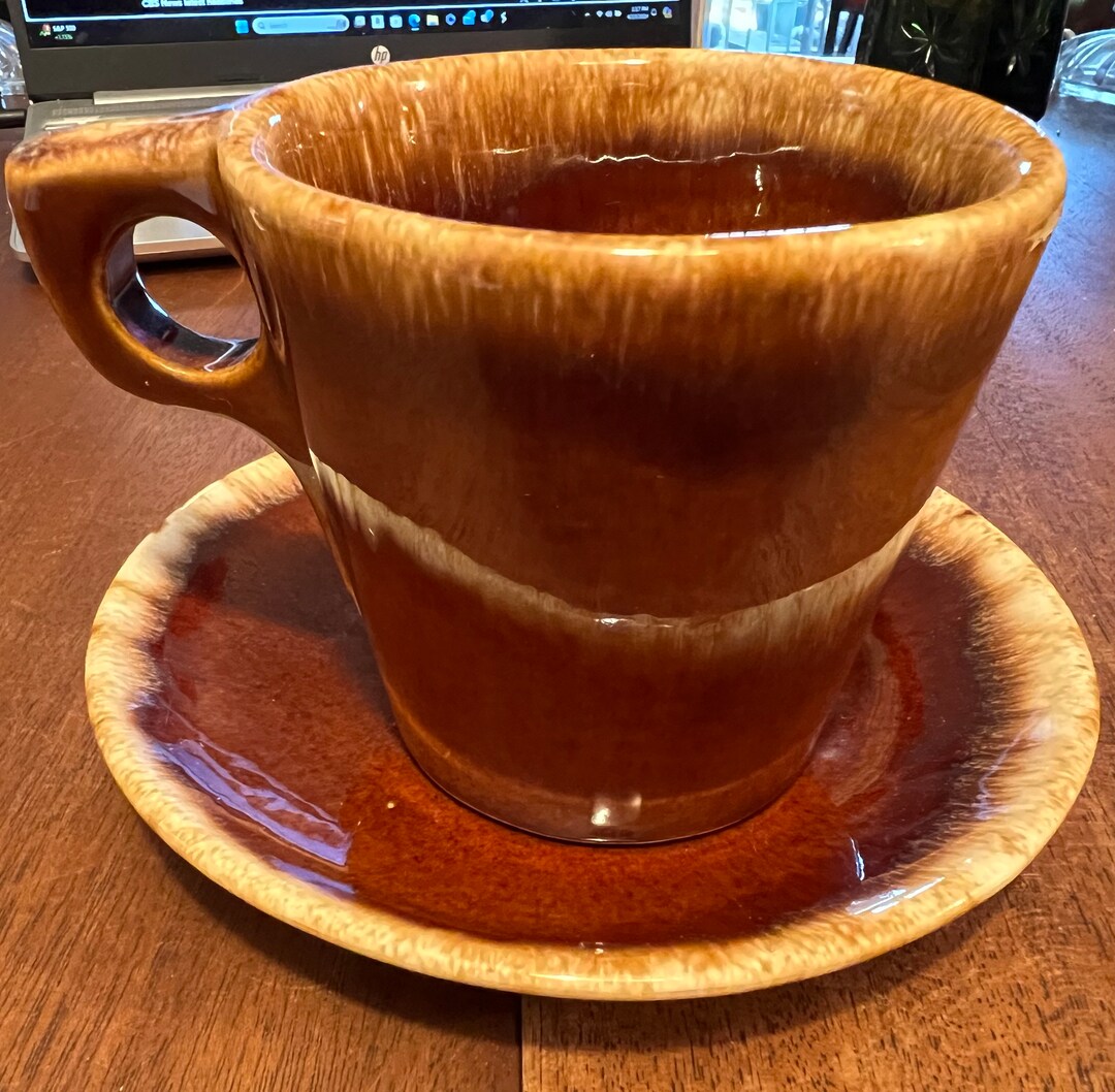Vintage Hull Cup & Saucer, Hull Brown Drip Glaze Cup, Hull Pottery ...