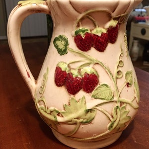 Majolica Strawberry Pitcher, Raised Strawberry Ceramic Pitcher, Vintage ...
