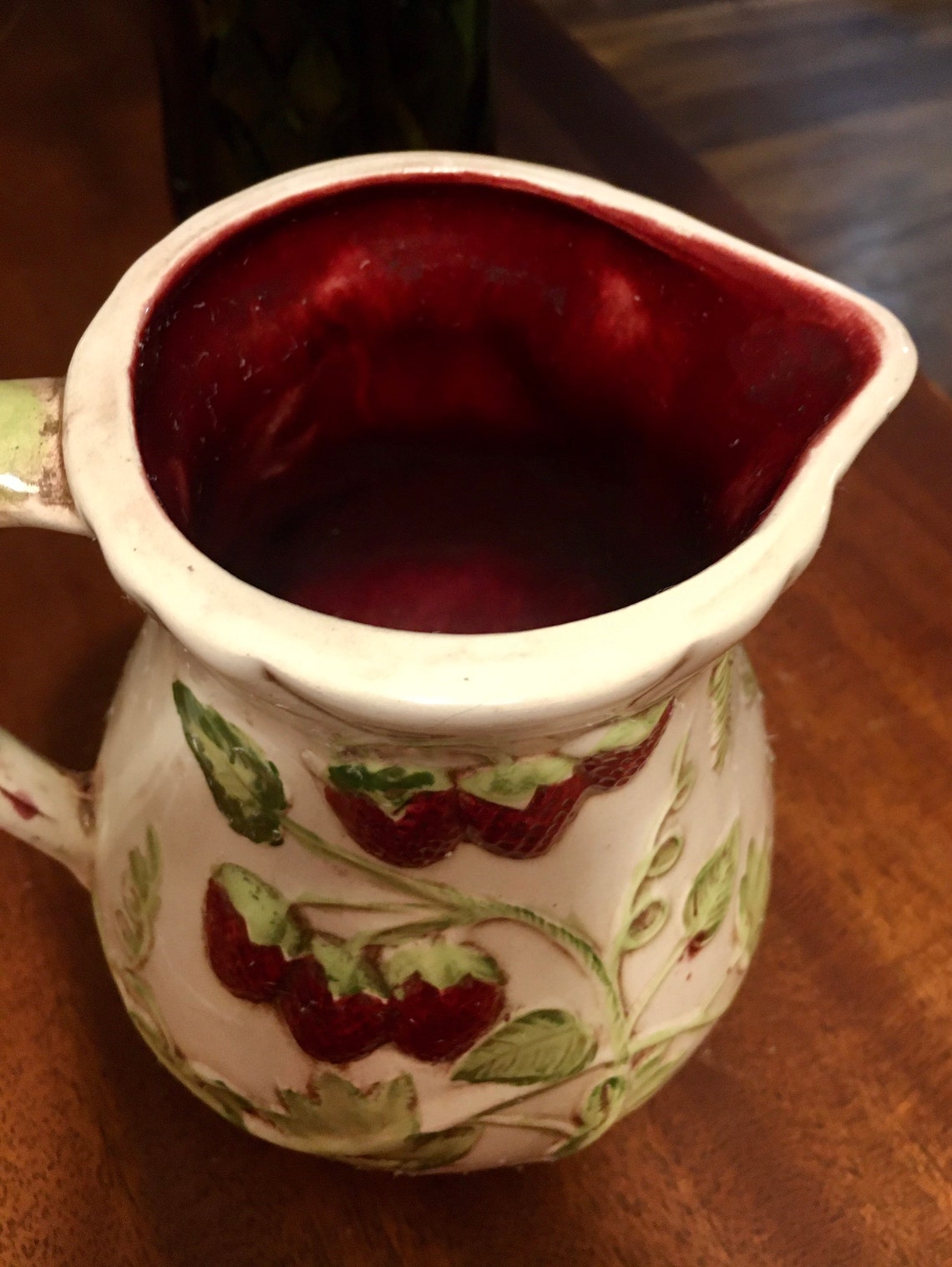 Majolica Strawberry Pitcher, Raised Strawberry Ceramic Pitcher, Vintage ...