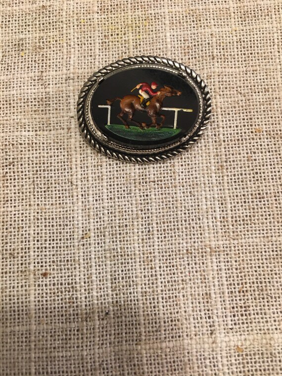 Rare Horse Racing Brooch, Hand Painted Horse and Joc… - Gem