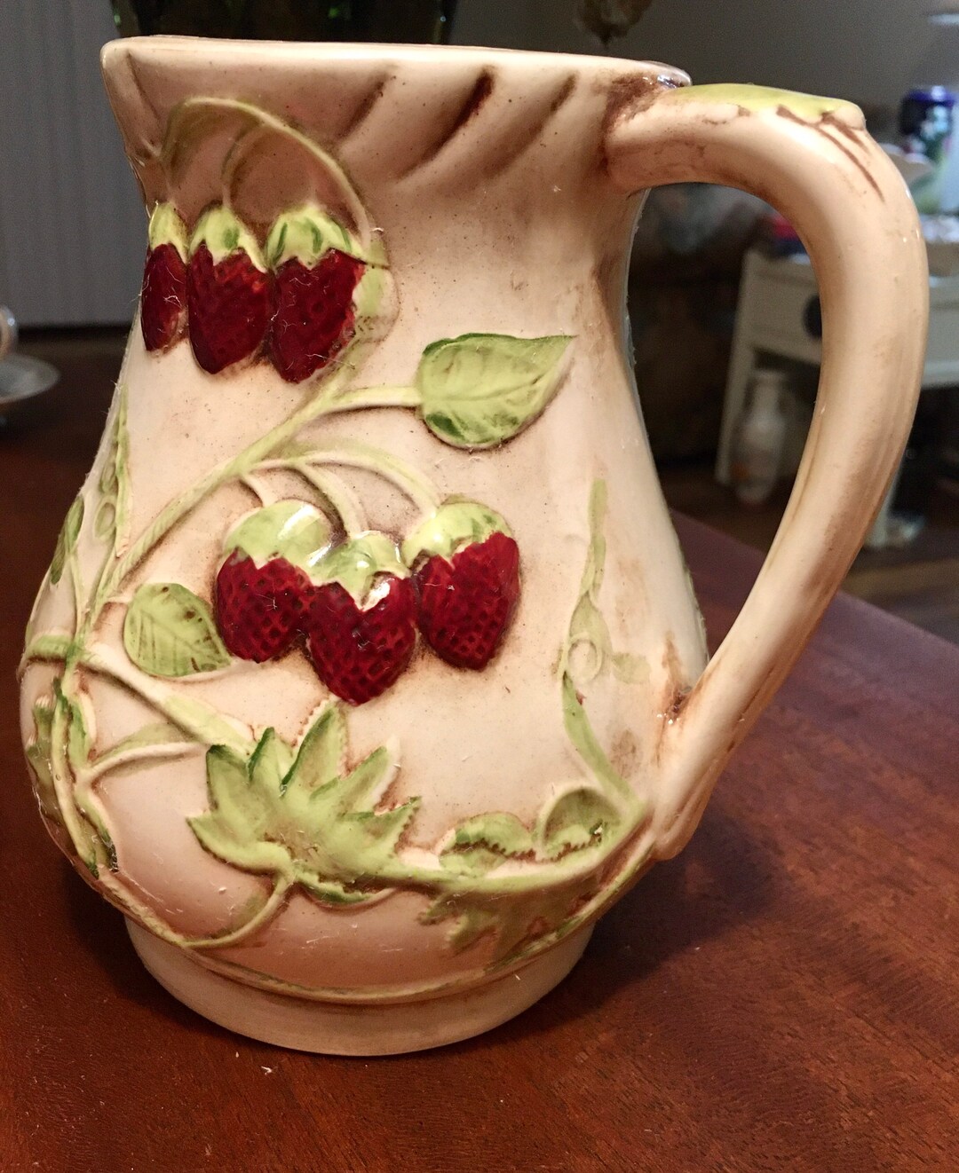 Majolica Strawberry Pitcher, Raised Strawberry Ceramic Pitcher, Vintage ...