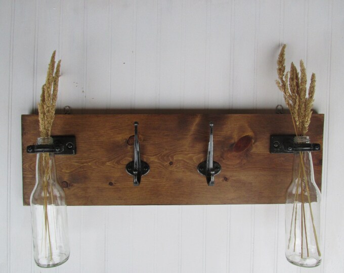 Dark Walnut Recycled Vase Hook Decor / Glass Bottle Flower Display / 2 ...